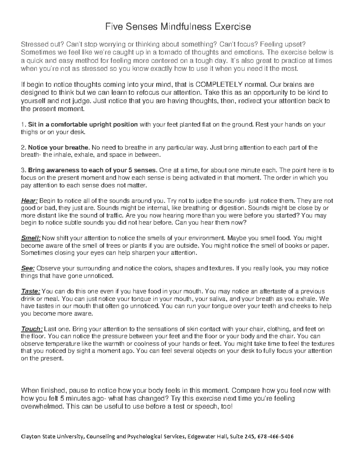 Five senses mindfulness exercise - Clayton State University, Counseling ...