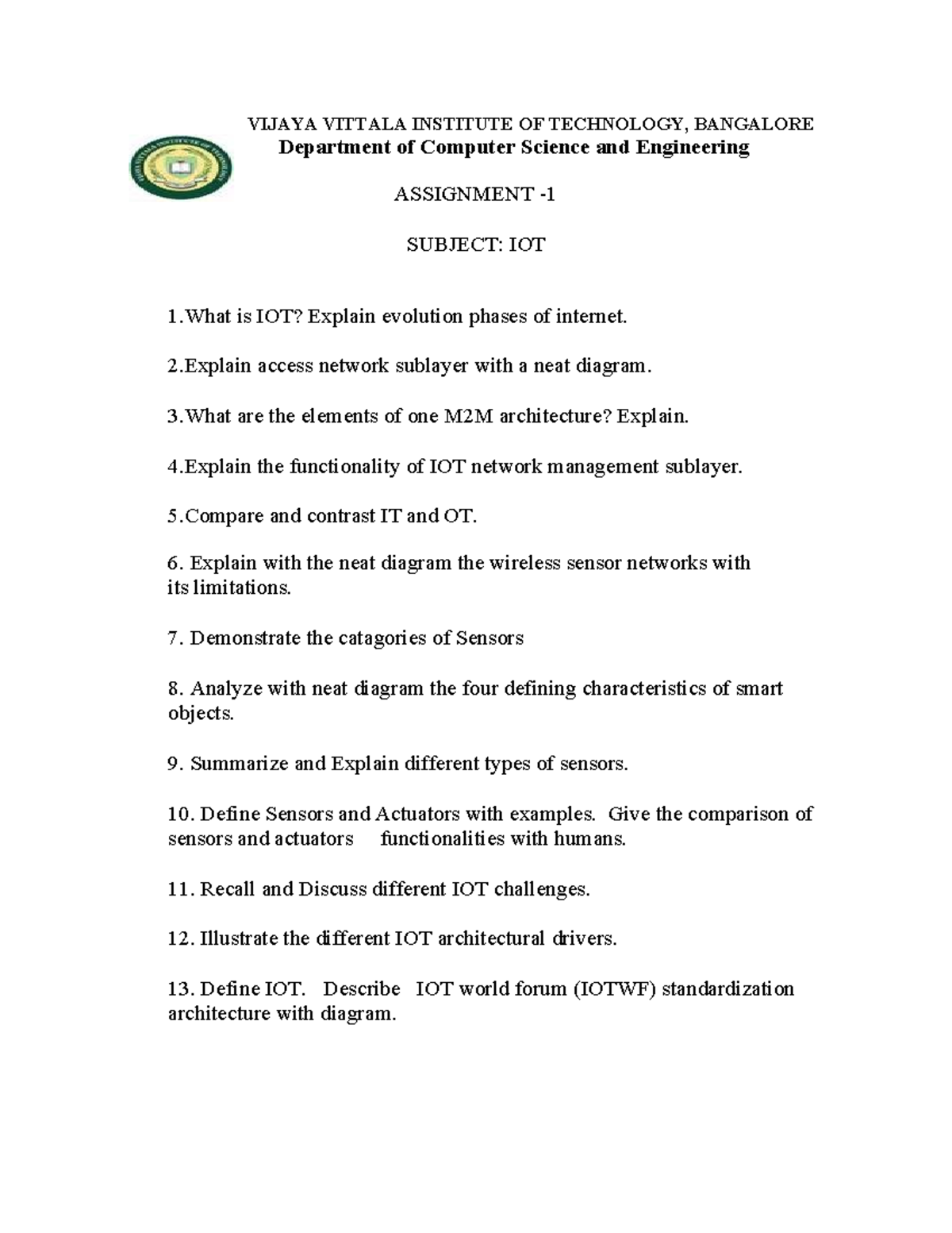 Assignment Questions(IOT- Module 1 &2) - VIJAYA VITTALA INSTITUTE OF ...