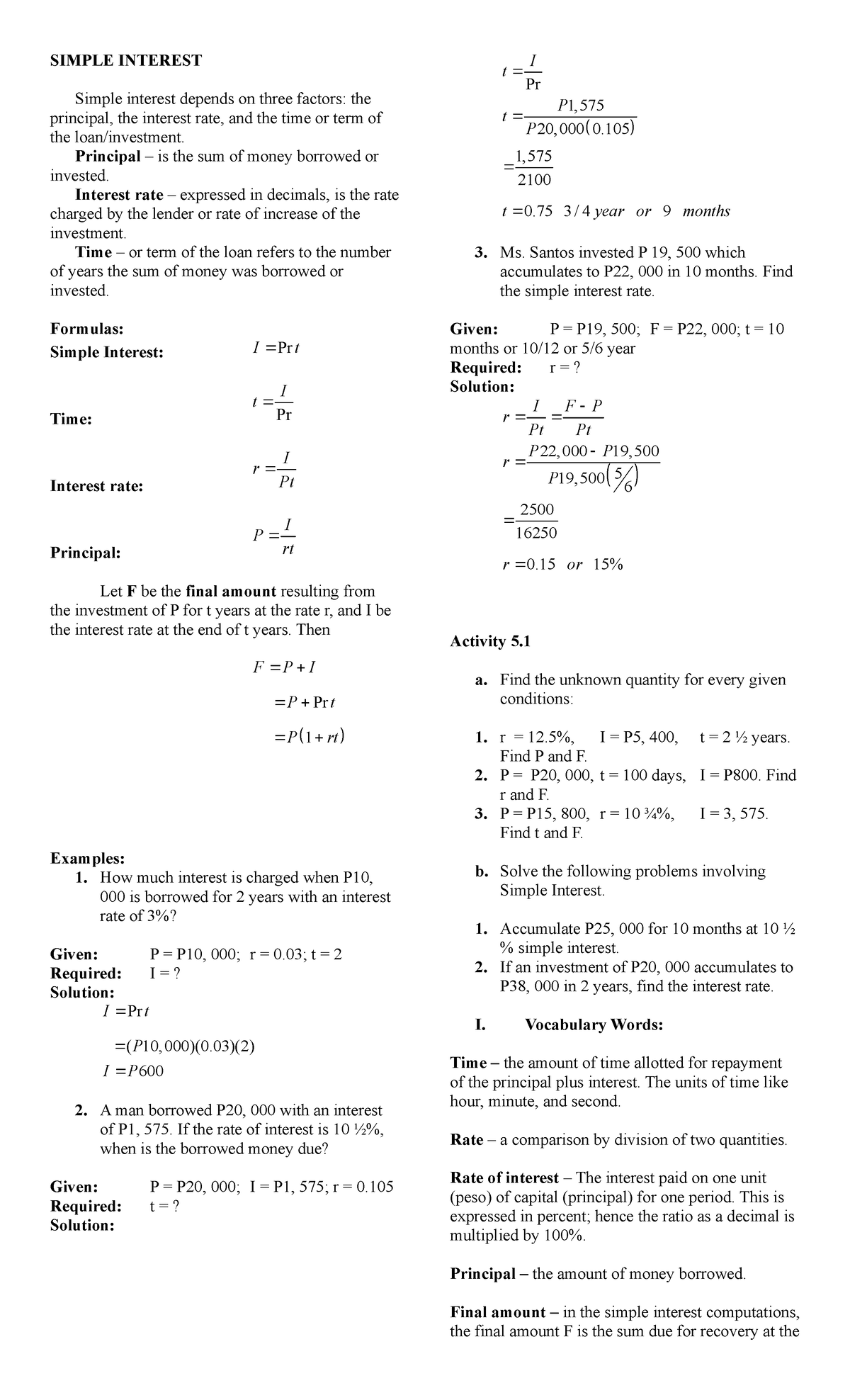 Investment - Lecture in interest - SIMPLE INTEREST Simple interest ...