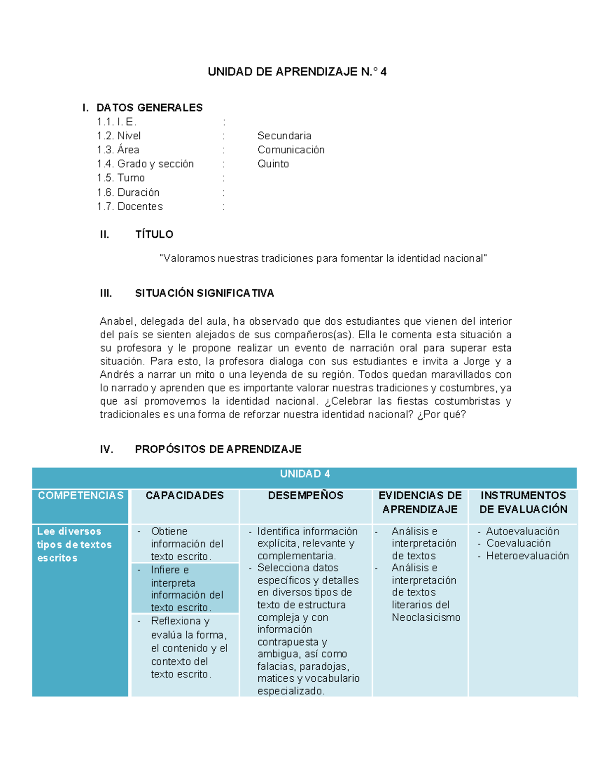 5S COM Unidad de aprendizaje 4 2024-24-03 - UNIDAD DE APRENDIZAJE N.° 4 I. DATOS GENERALES 1. I ...