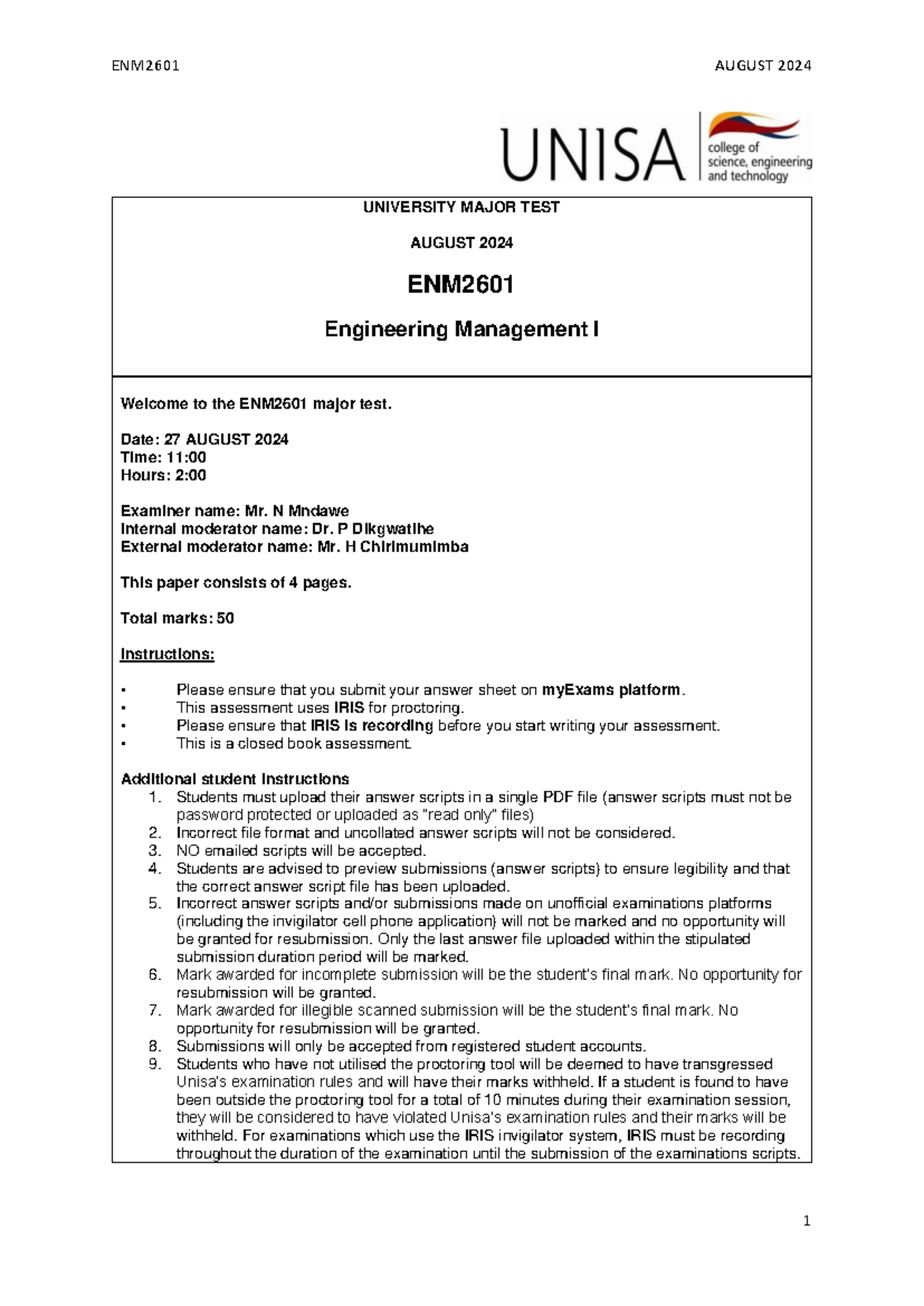 ENM2601 Major Test 2 2024 - UNIVERSITY MAJOR TEST AUGUST 2024 ENM 2601 ...