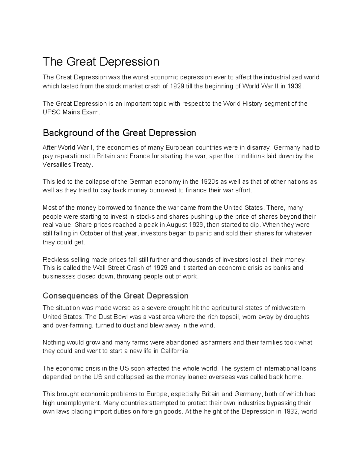The-Great-Depression - The Great Depression The Great Depression was ...