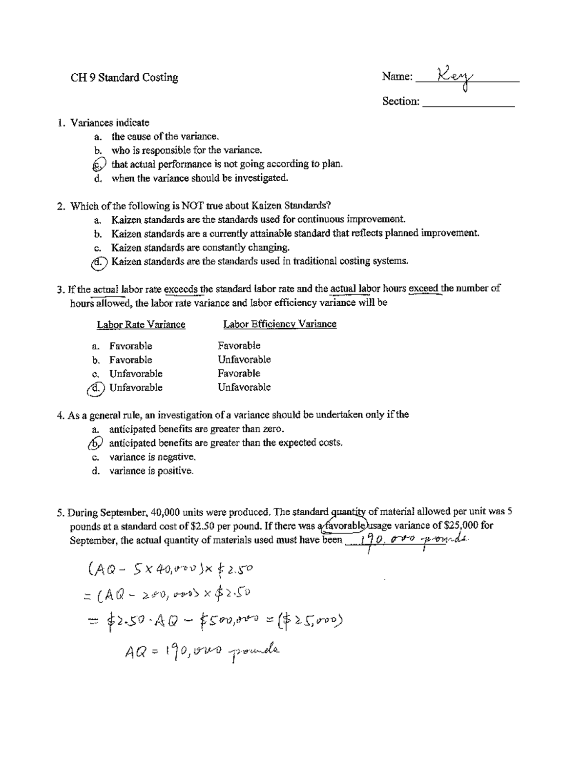 ACCO132 QUIZ 9 - saho nf - CH 9 Standard Costing Name: Key Section: 1 ...
