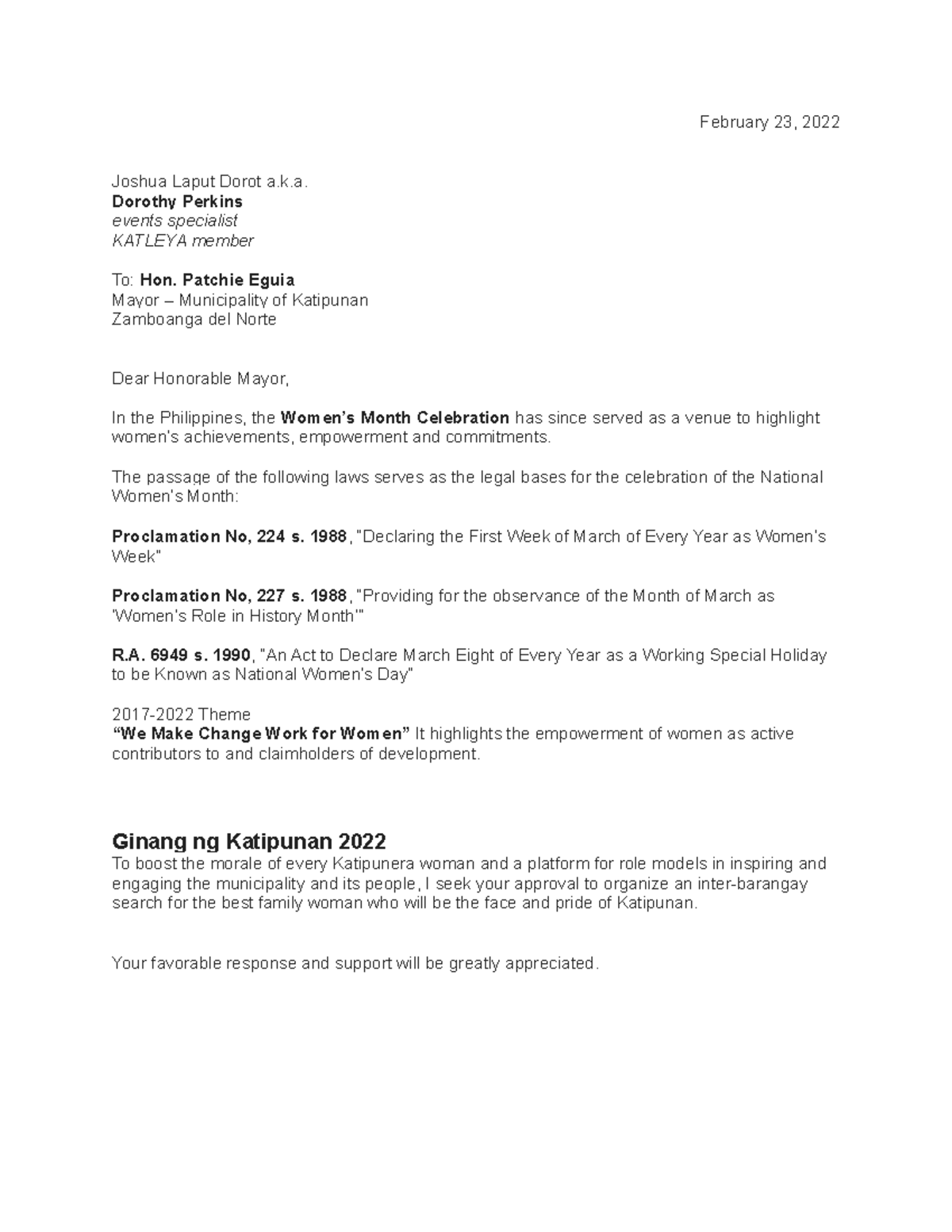 Proposal-Letter Ginang-ng-Katipunan-2022 - February 23, 2022 Joshua ...