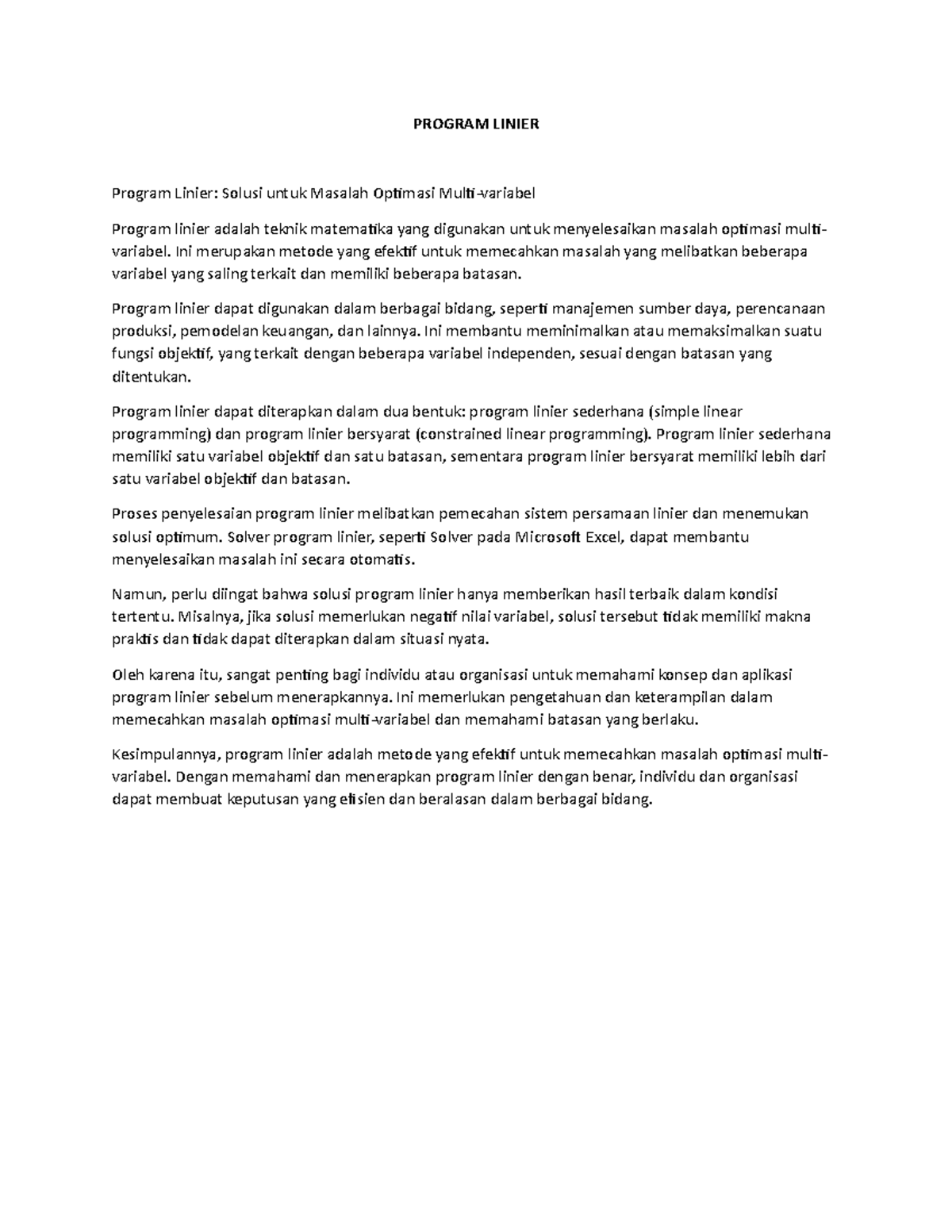 Prolin - Artikel Matematika - PROGRAM LINIER Program Linier: Solusi untuk Masalah Optimasi - Studocu