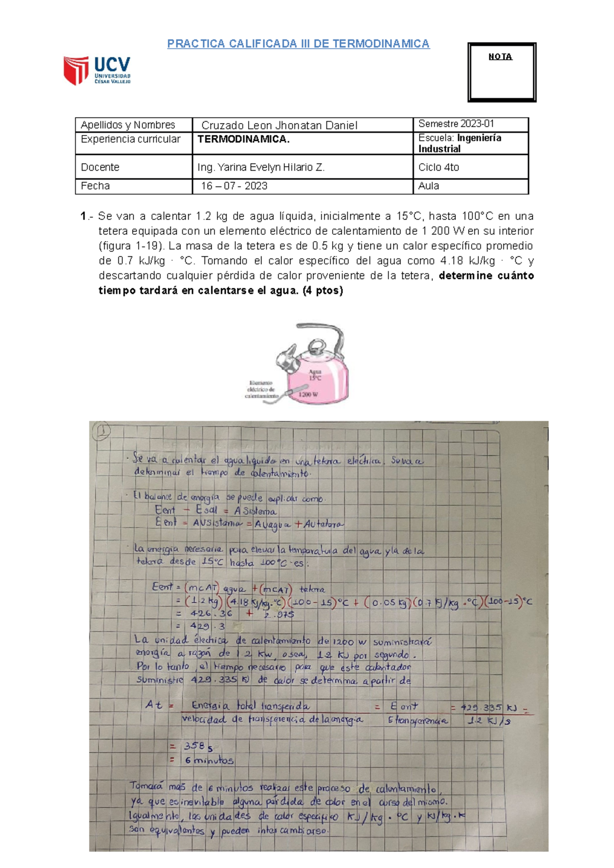 Practica calificada III , Termodinámica 2023 -01 UCV - PRACTICA CALIFICADA III DE TERMODINAMICA ...