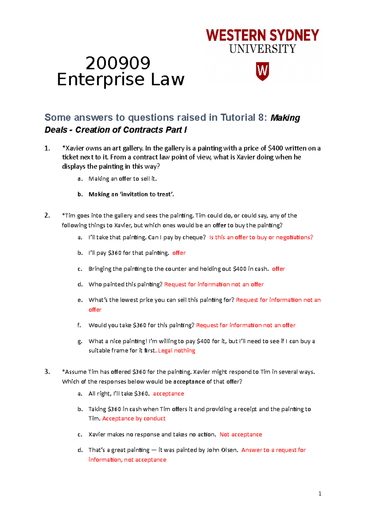 Contracts I answers - Week 9 Tutorial Ans - 200909 Enterprise Law Some ...