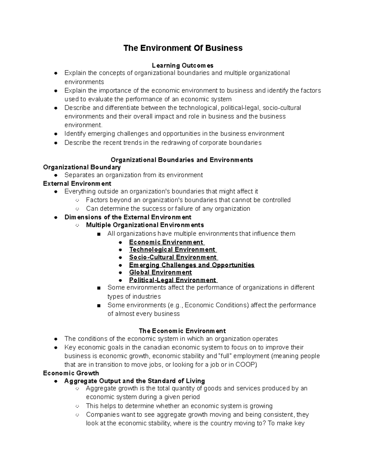 Chapter 2 Notes - The Environment Of Business Learning Outcomes Explain ...