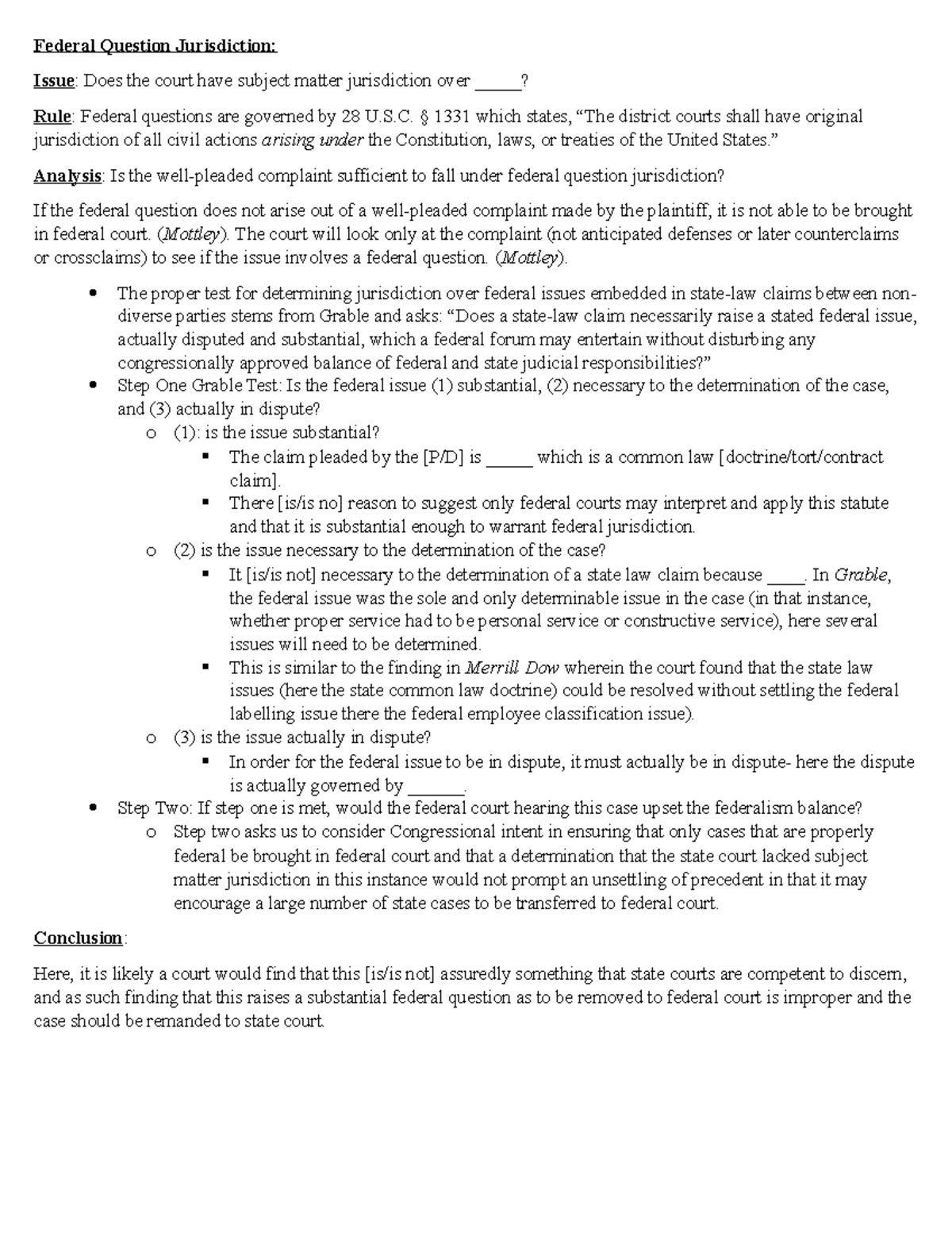 Federal Question Jurisdiction Fill-in the Blanks - Federal Question ...
