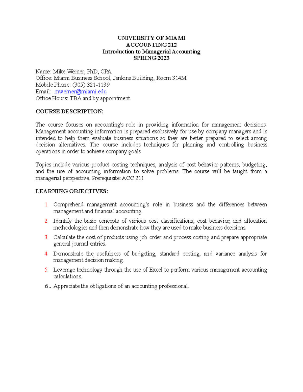Accounting Syllabus - UNIVERSITY OF MIAMI ACCOUNTING 212 Introduction ...