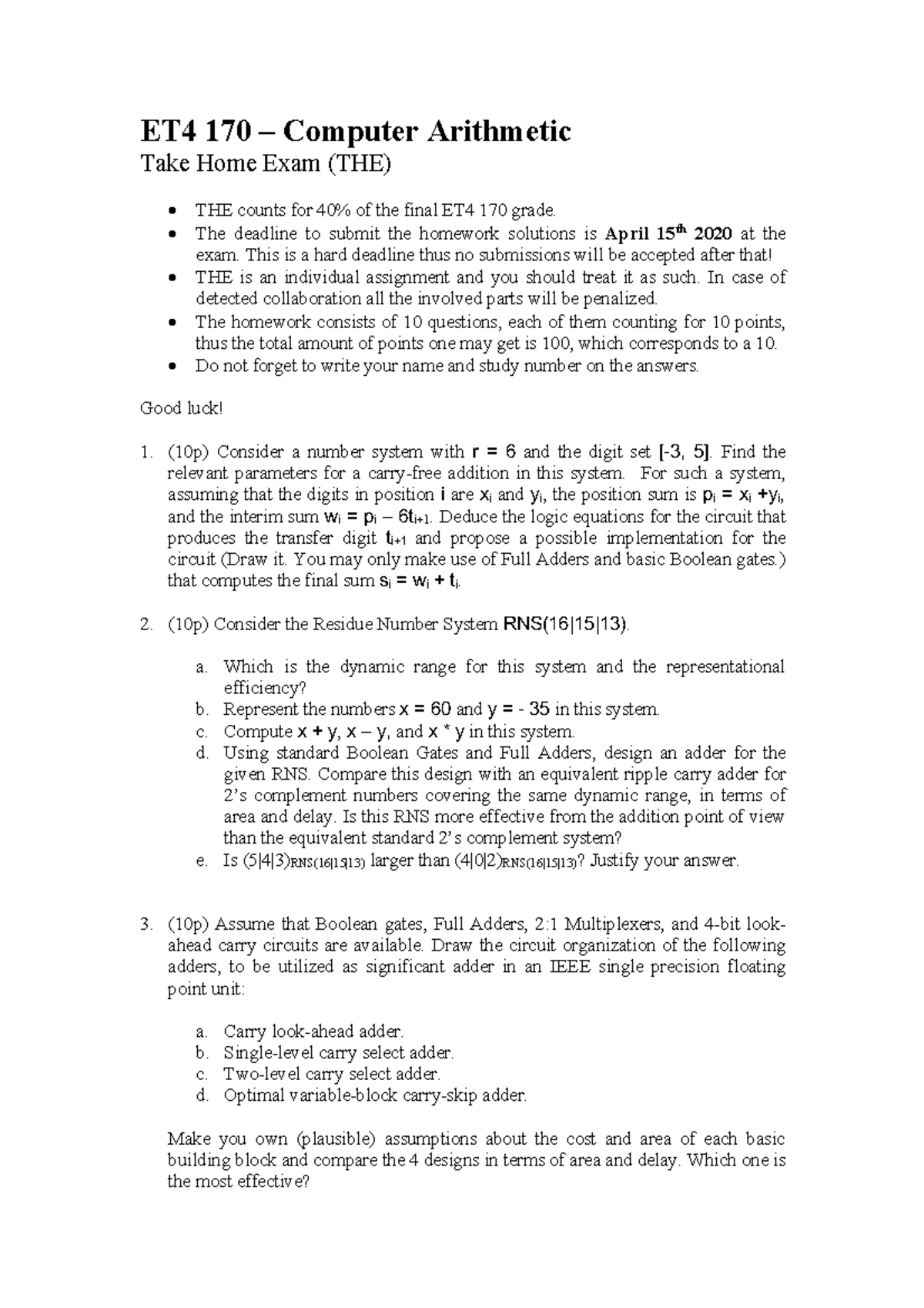 Computer Arithmetic exam 2020 - ET4 170 – Computer Arithmetic Take Home ...