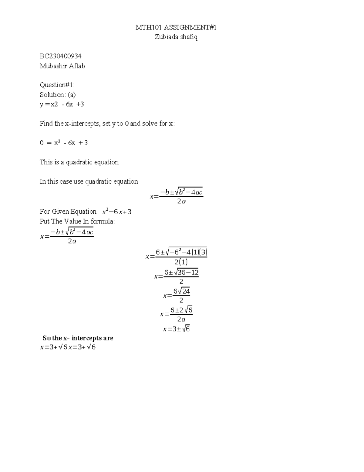 Mth101 Assignment 1 Mnwmnema Mth101 Assignment Zubiada Shafiq Bc