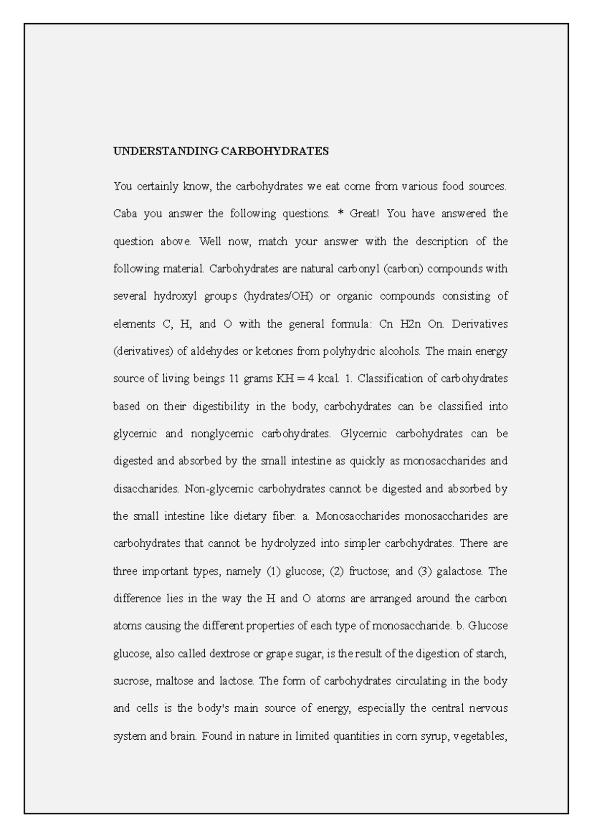 Documents Notes Biology - Understanding Carbohydrates - UNDERSTANDING ...