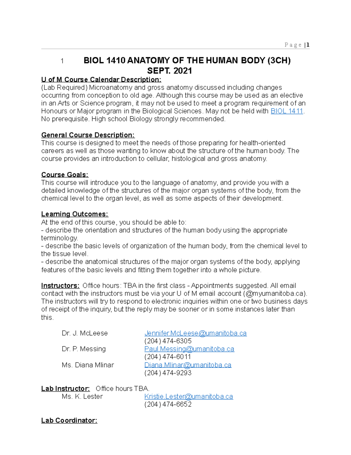 BIOL 1410 syllabus 202190 - 1 BIOL 1410 ANATOMY OF THE HUMAN BODY (3CH ...