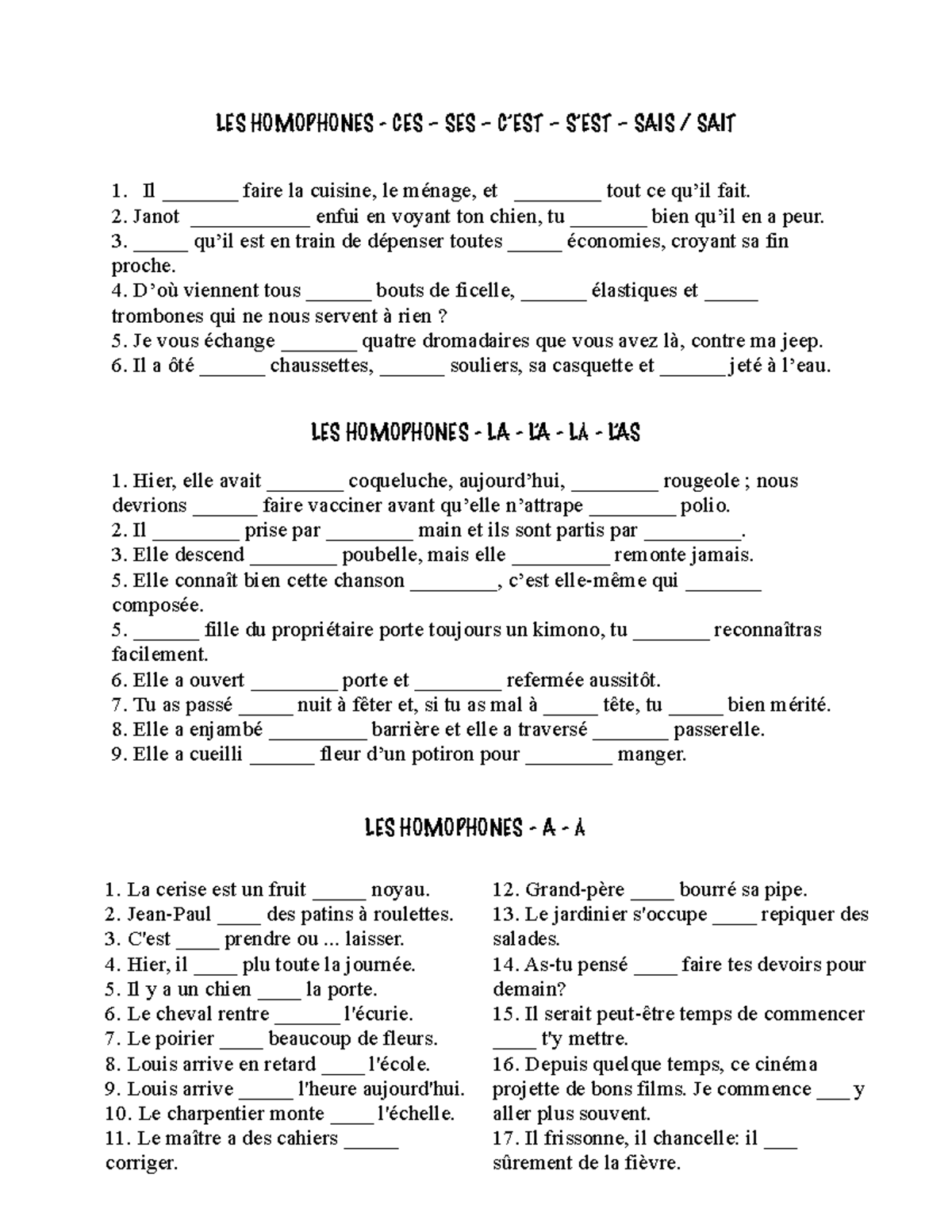 Homophone - LES HOMOPHONES - CES – SES – C’EST – S’EST – SAIS / SAIT Il ...