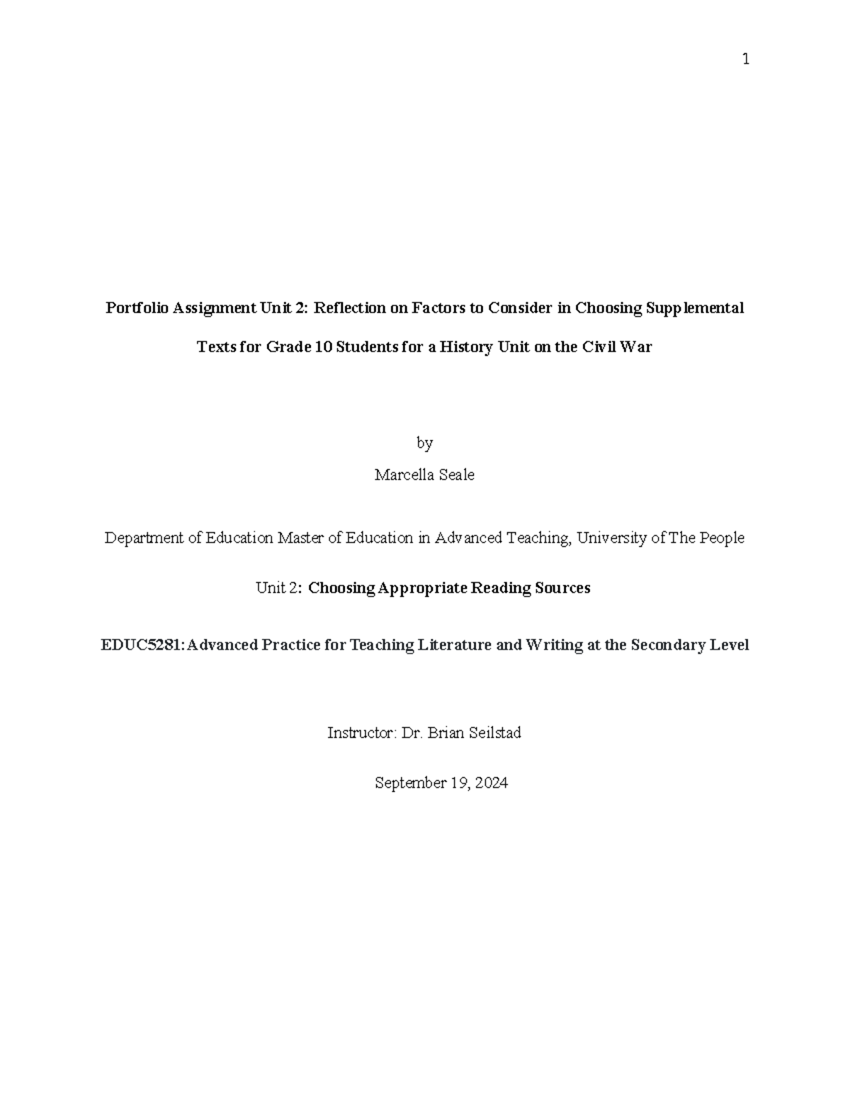 Portfolio Assignment Unit 2 for unit 2 of Ed UC 5281 - Portfolio Assignment Unit 2: Reflection ...
