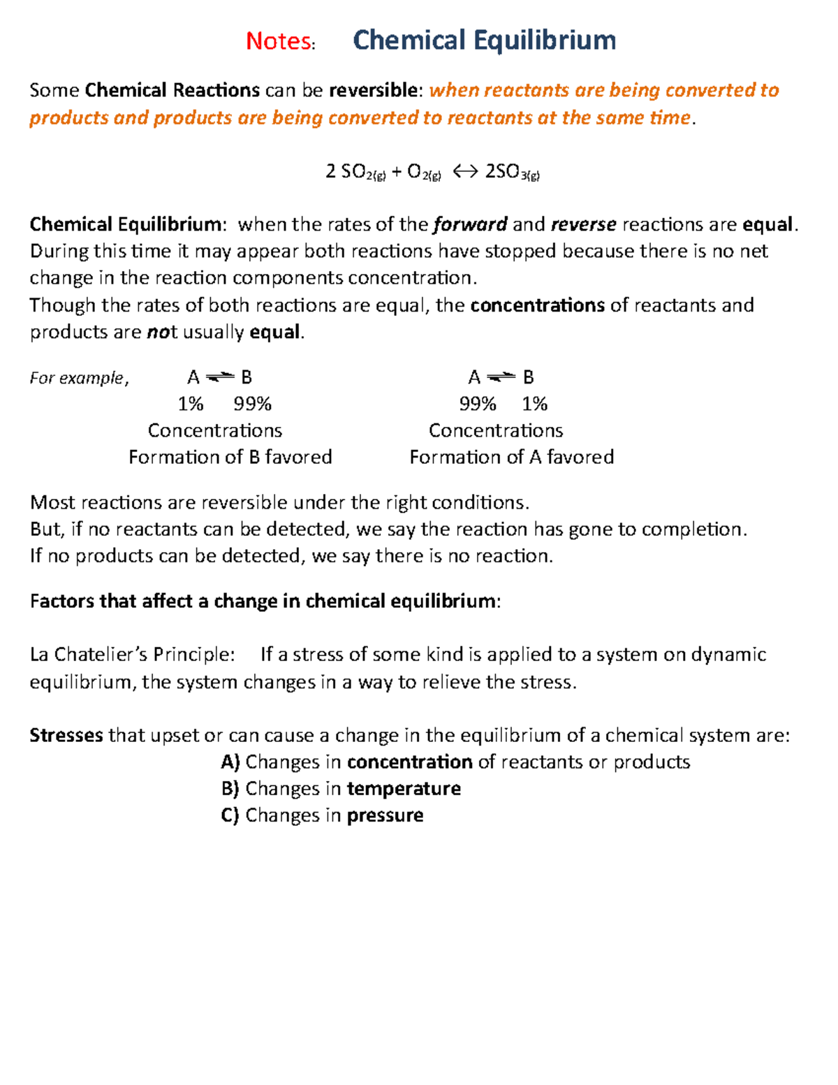 Chemical Equilibrium and Le Chatelier's Principle - Notes: Chemical ...
