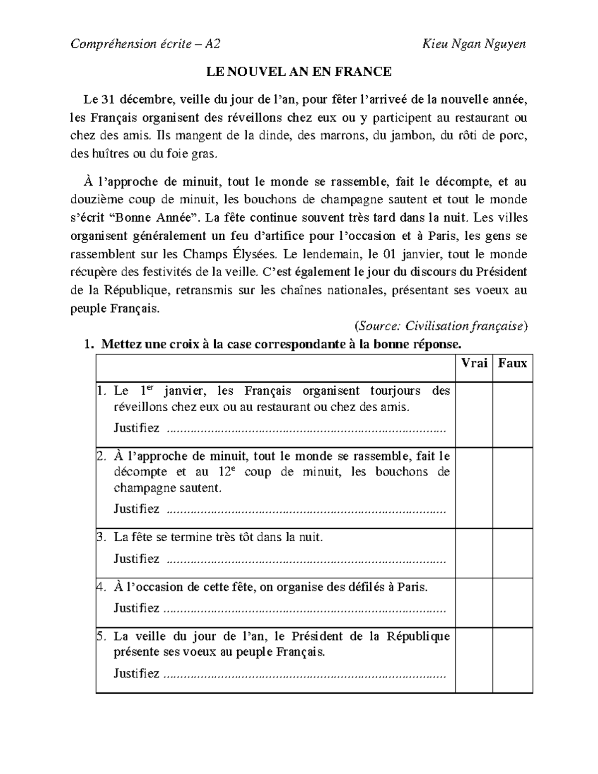 LE Nouvel AN EN France - this is a description - Compréhension écrite ...