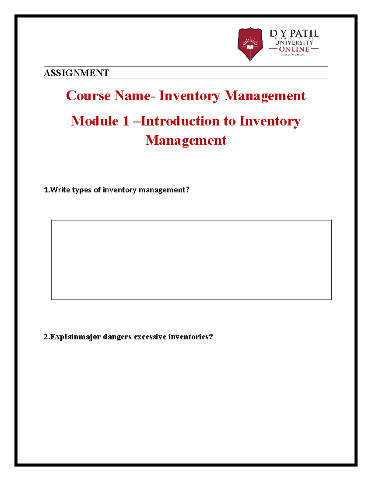 Assignment Module 1 –Introduction to Inventory Management - Computer Science - Computer ...