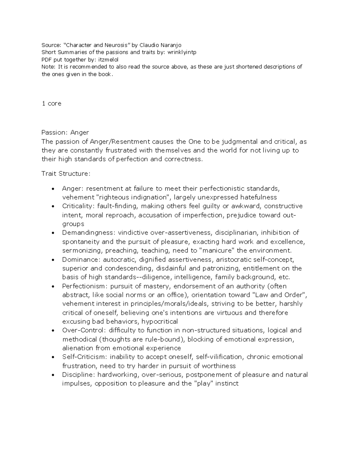 Enneagram Passions and Trait Structure Summarized - Source: “Character ...