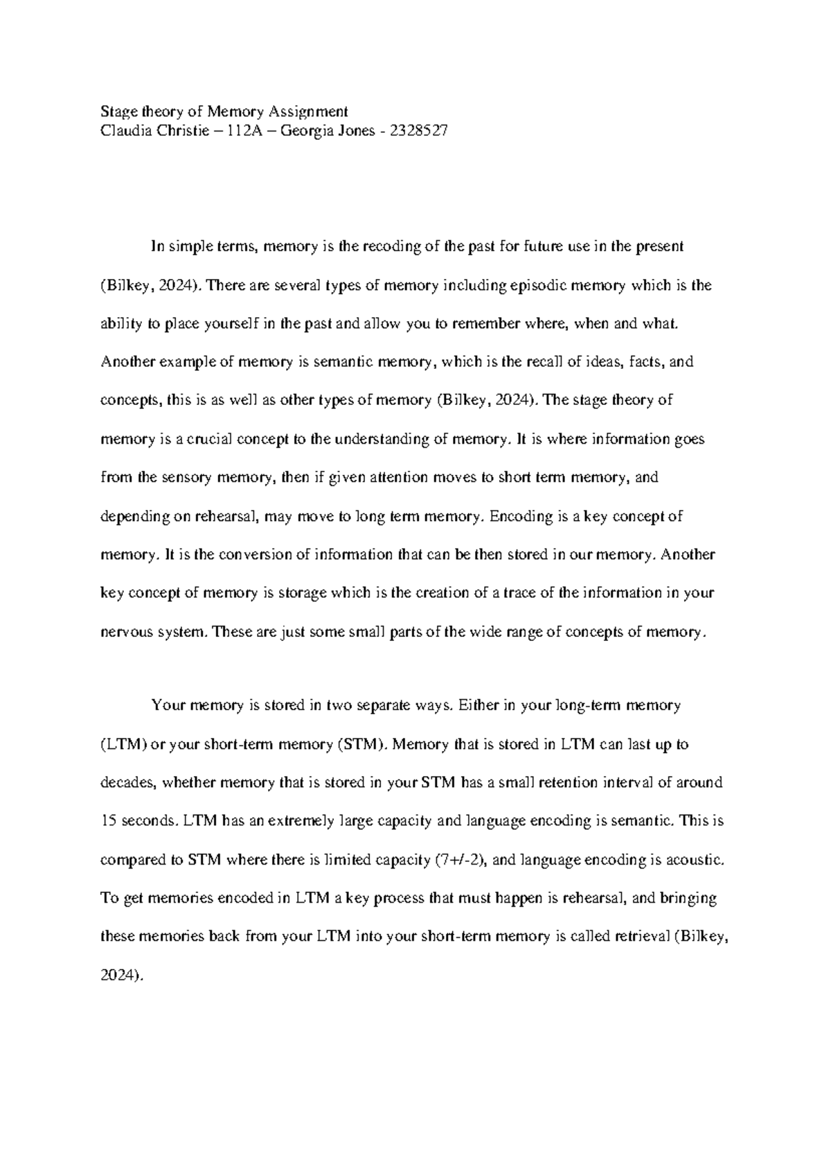 Mini Lab Report on Memory - Stage theory of Memory Assignment Claudia ...