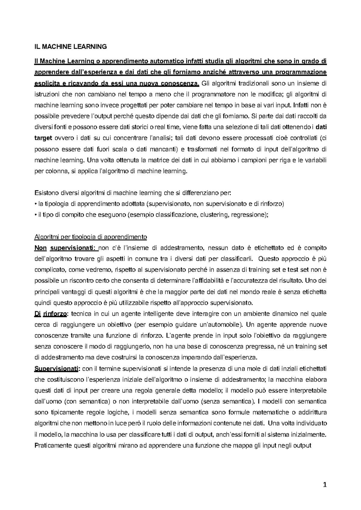 IL Machine Learning - Riassunto di una lezione - IL MACHINE LEARNING Il ...