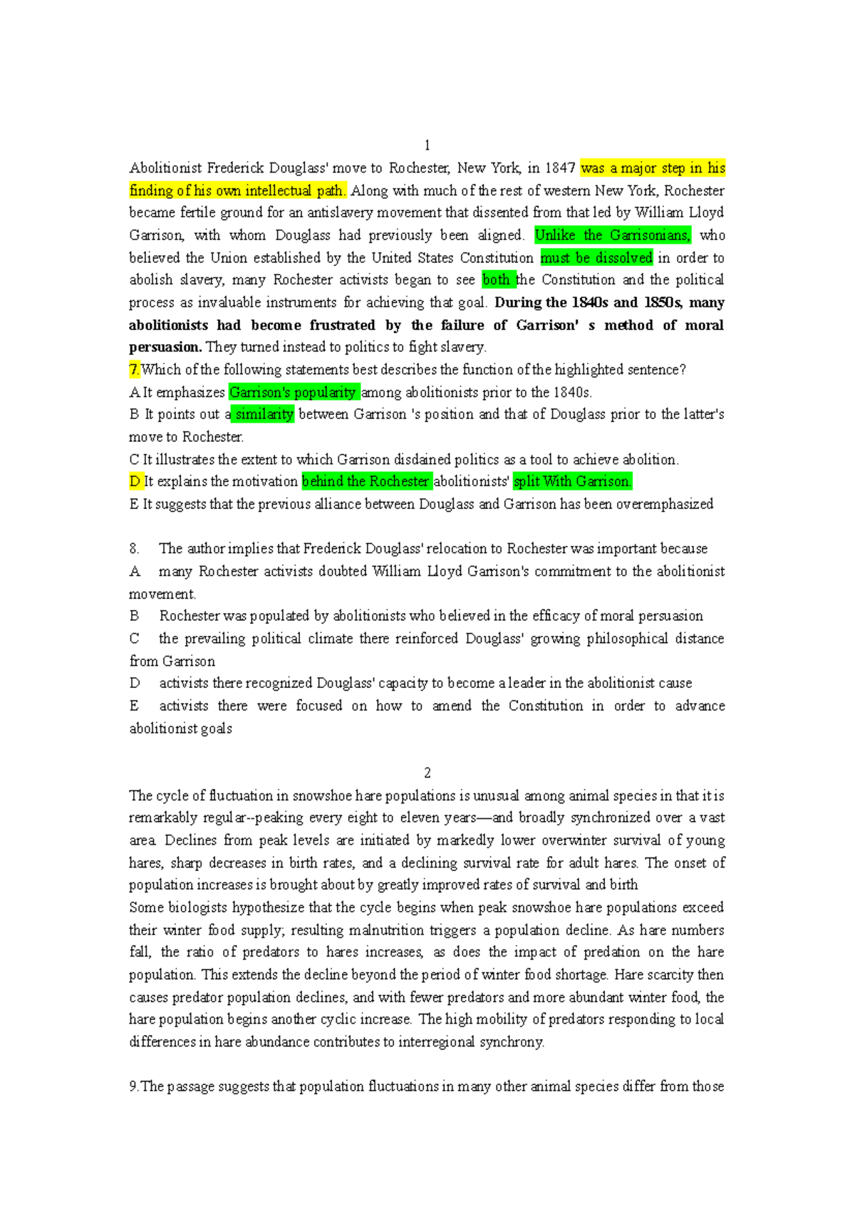 GRE RC Practice 9 - FFWFWFWF - 1 Abolitionist Frederick Douglass' move ...