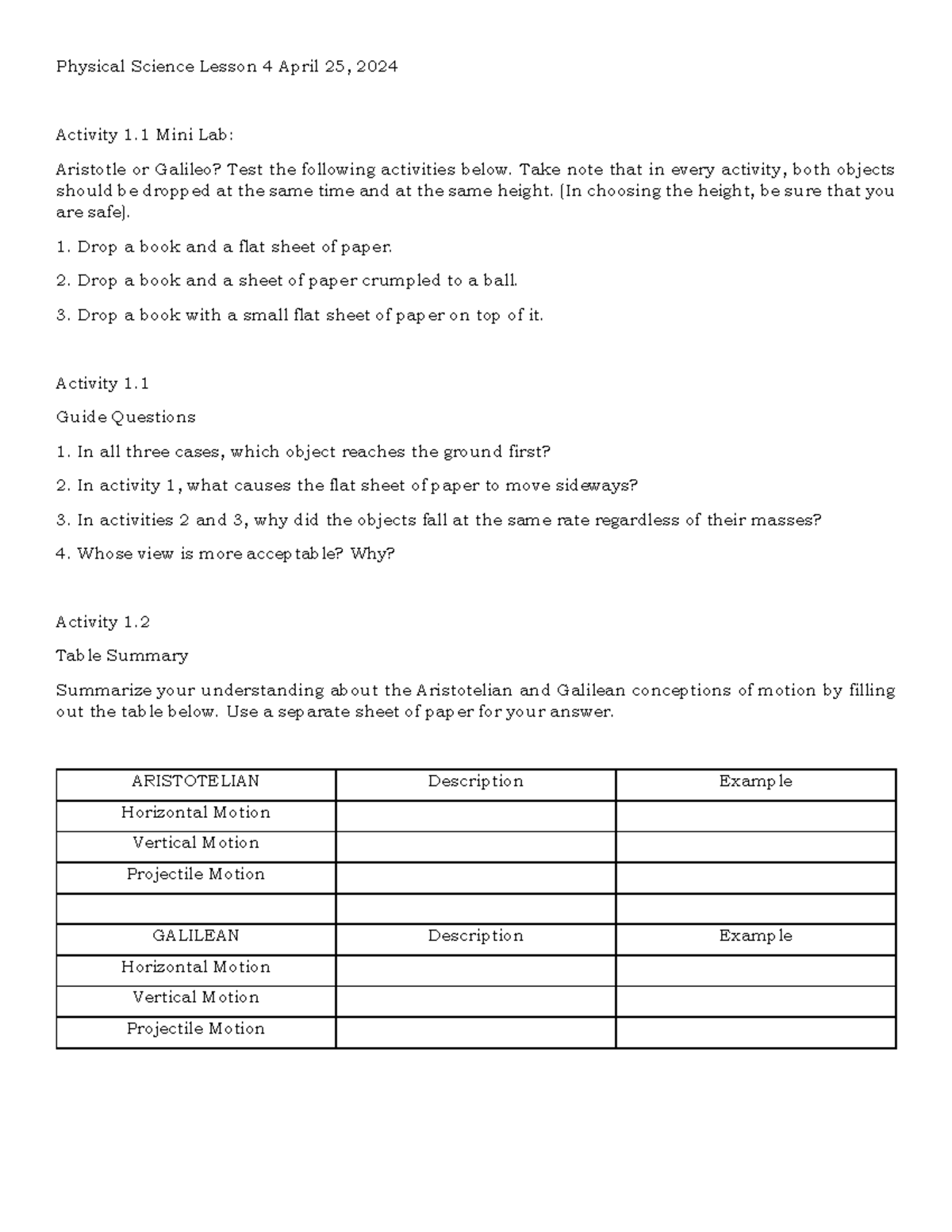 Physical Science Lesson 4 April 25 - Physical Science Lesson 4 April 25 ...
