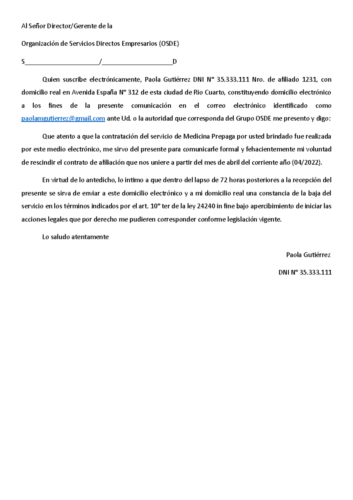 Tp1 - ... - Al Señor Director/Gerente de la Organización de Servicios ...