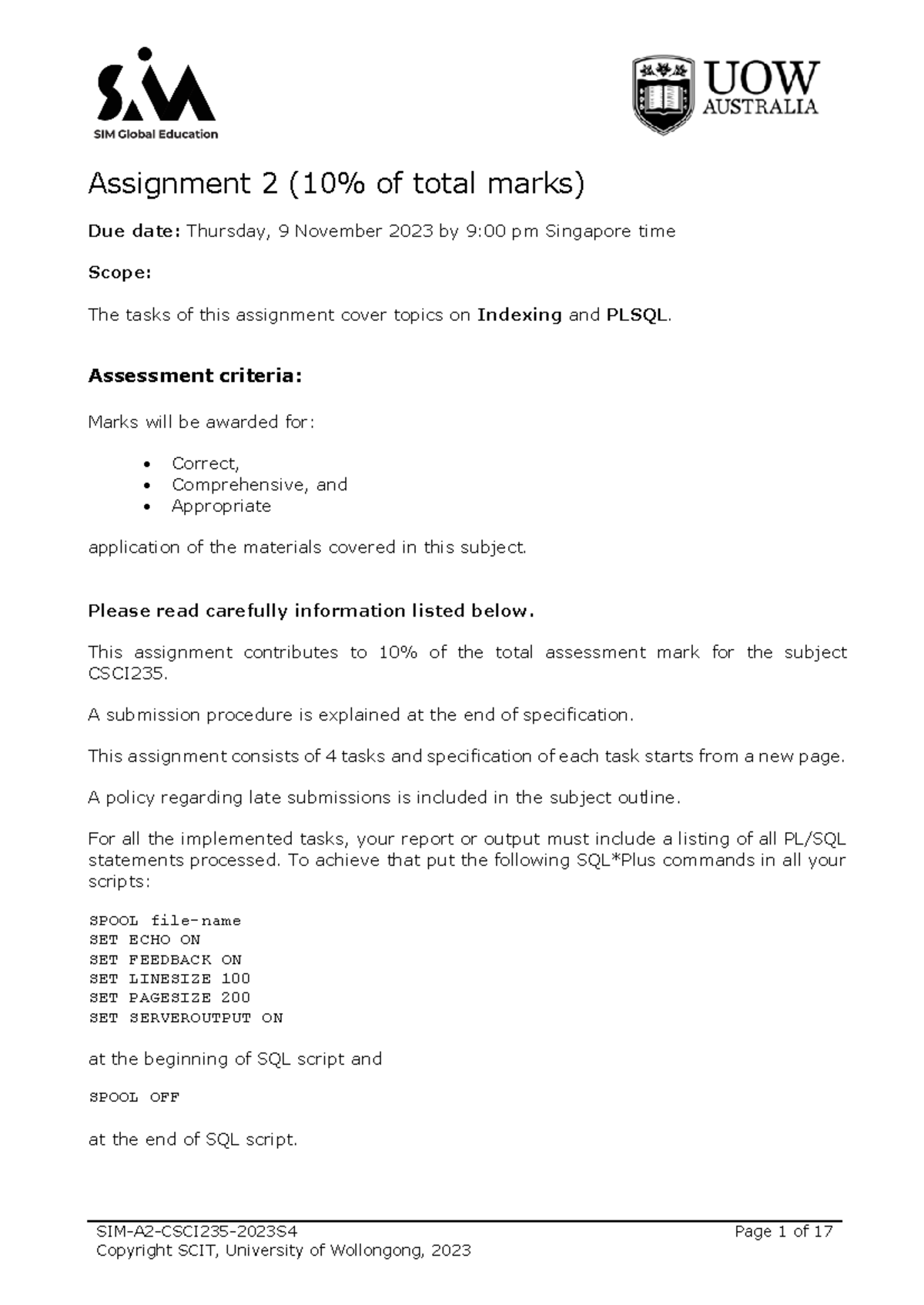 Assignment 2 sample solution - SIM-A 2 - CSCI235- 2023 S 4 Page 1 of 17 Assignment 2 ( 10 % of ...