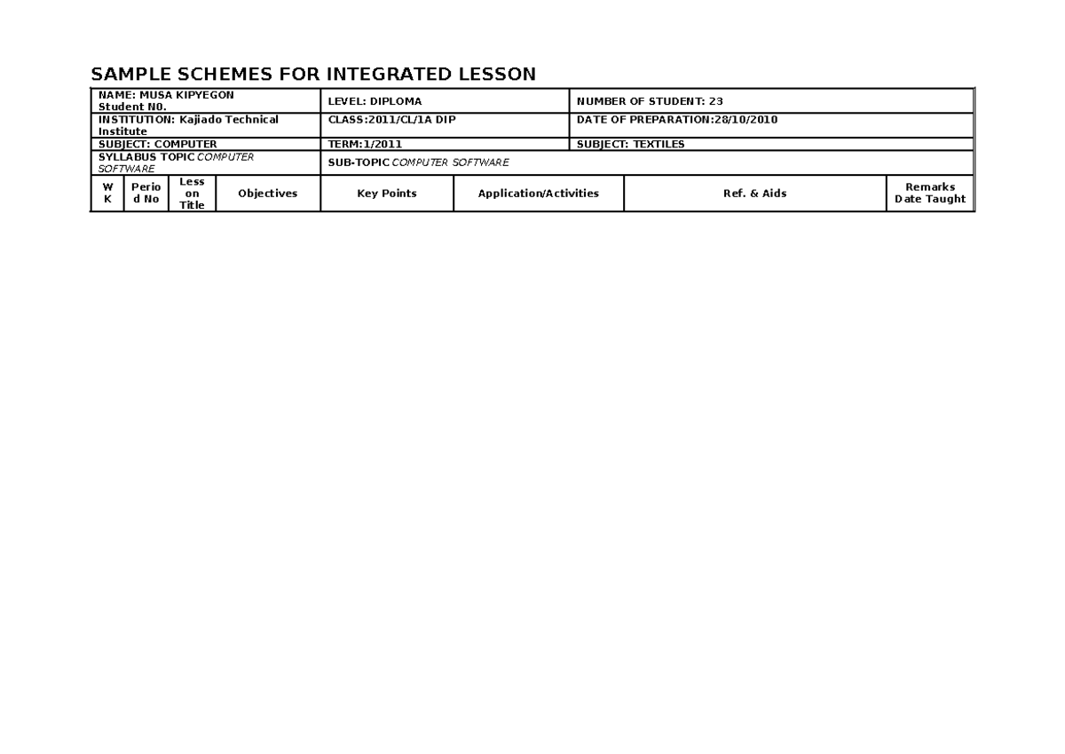 Sample Schemes FOR Integrated Lesson-TEST-..TOS (11) - SAMPLE SCHEMES ...