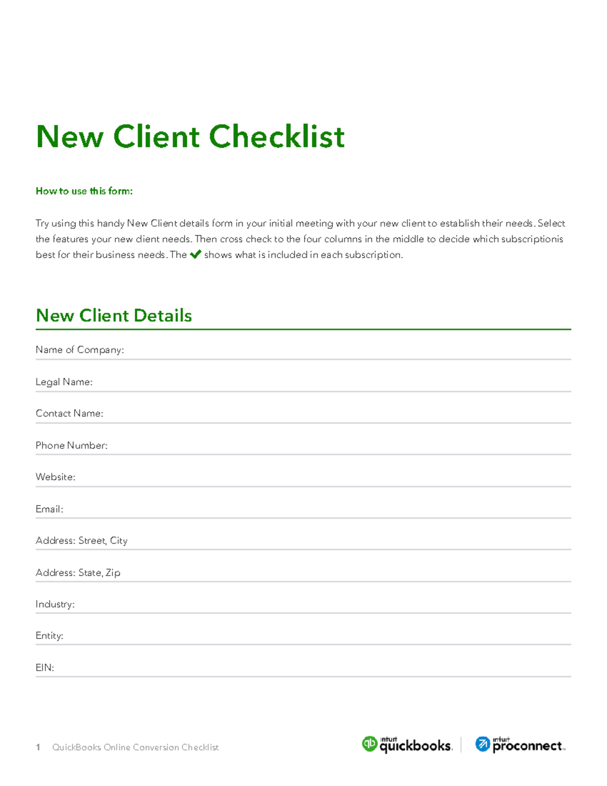 Quick Books New Client Checklist - New Client Checklist New Client ...