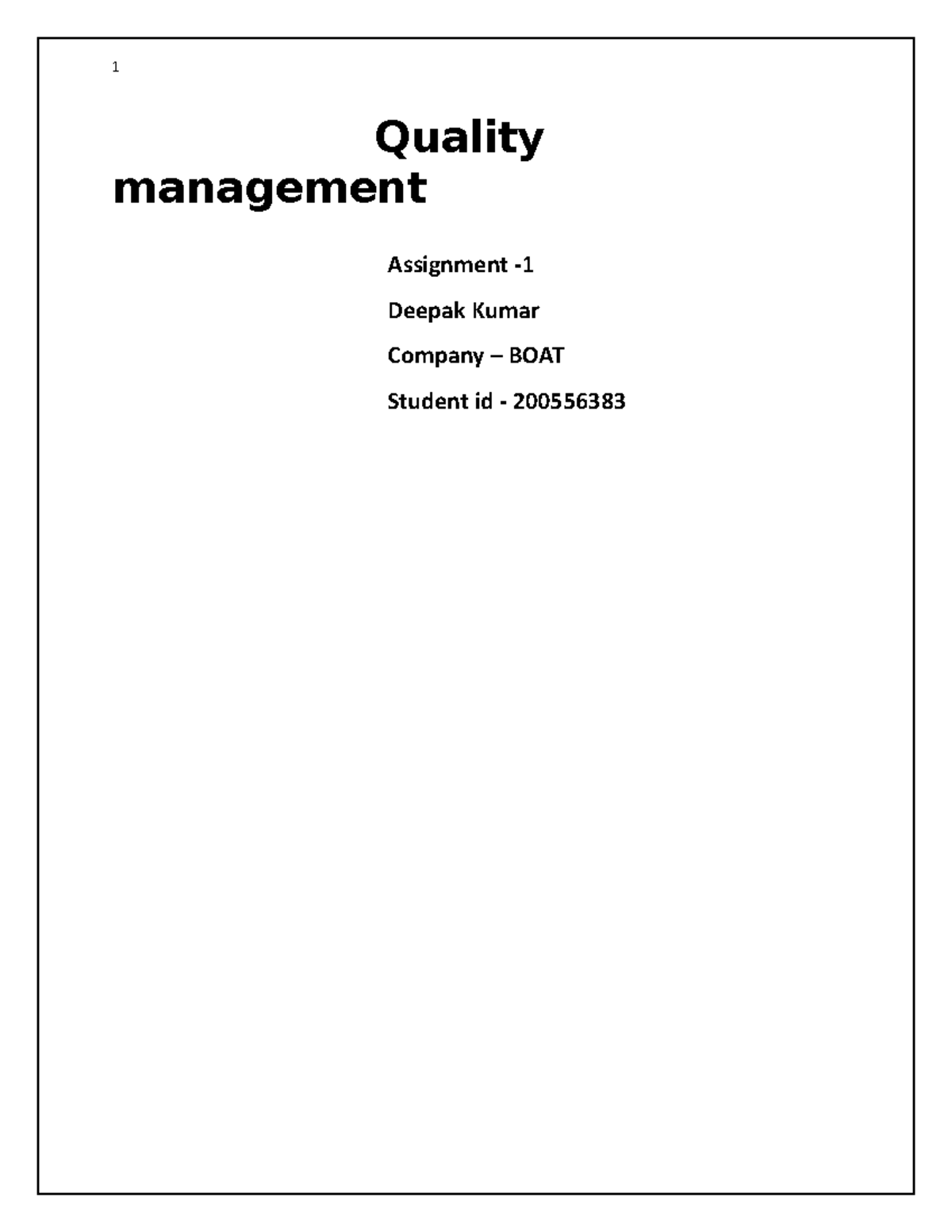 assignment 2 for - Quality management Assignment - Deepak Kumar Company – BOAT Student id ...
