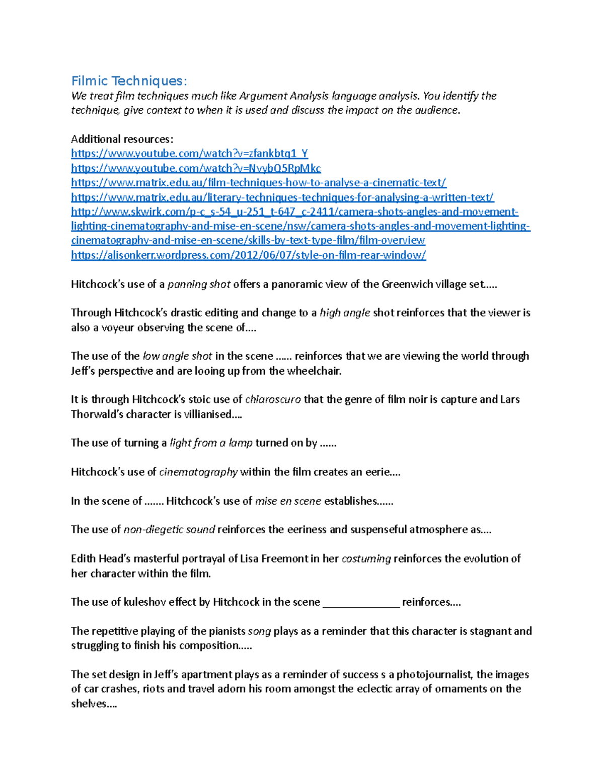 Film Techniques and Using Metalanguage - Rear Window - ENG1000 - VU ...