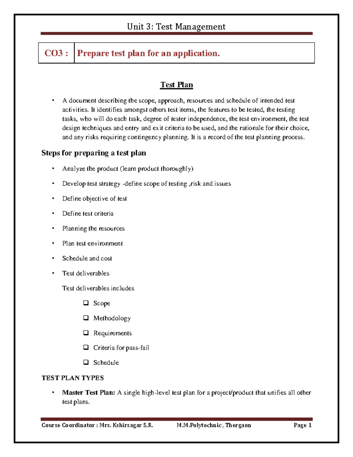 Chapter-3 - Notes - CO3 : Prepare test plan for an application. Test ...