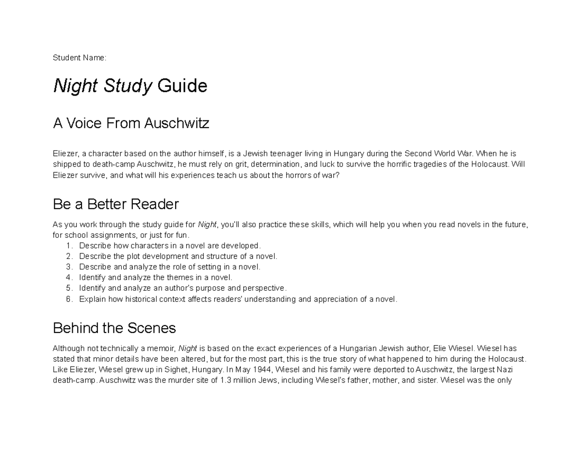 Night by Elie Wiesel - Student Name: Night Study Guide A Voice From ...