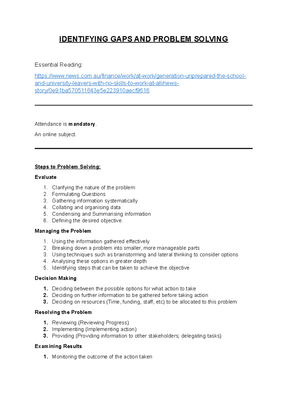 Week 1 Lecture Notes: Subject Introduction - IDENTIFYING GAPS AND ...