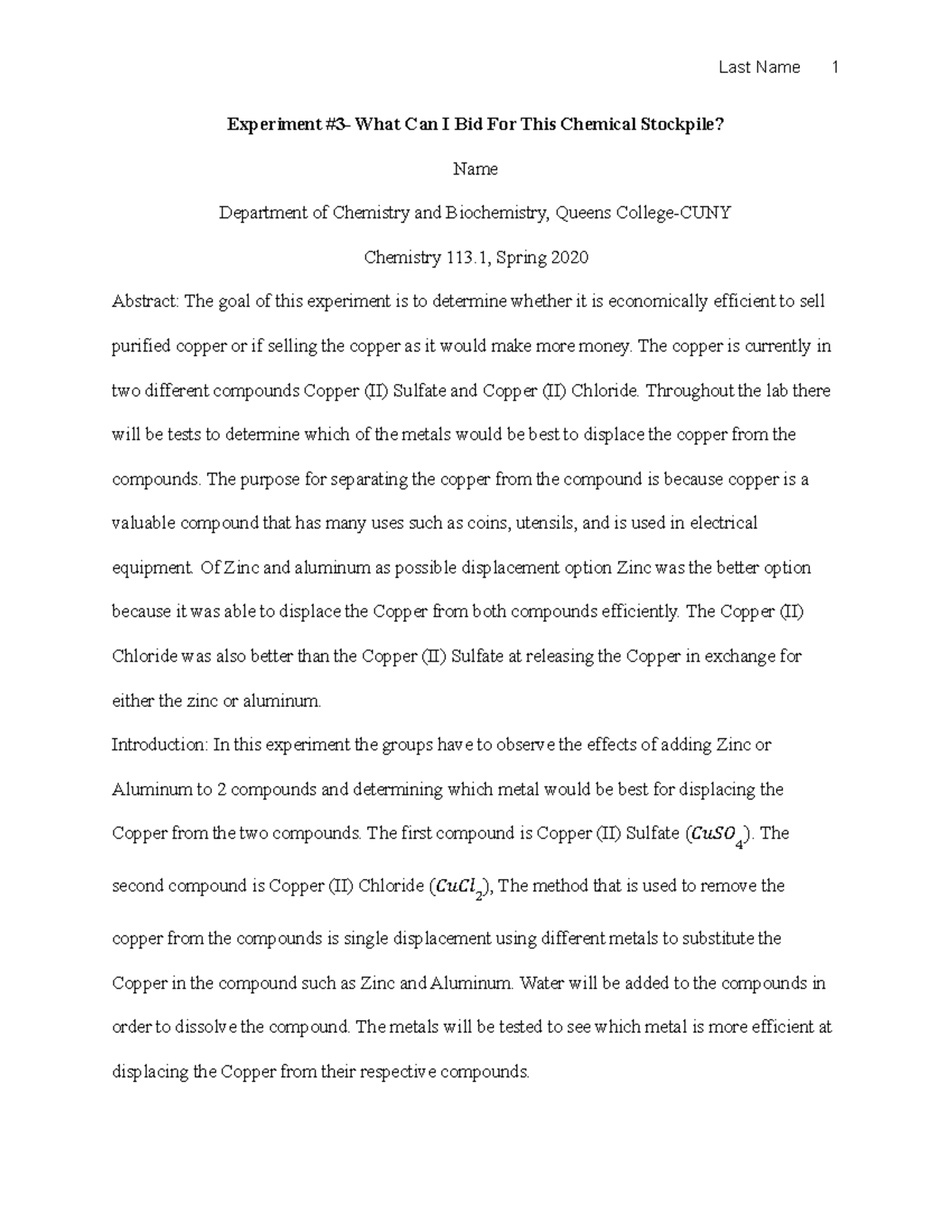 Lab Report #3- Copper - Experiment #3- What Can I Bid For This Chemical ...