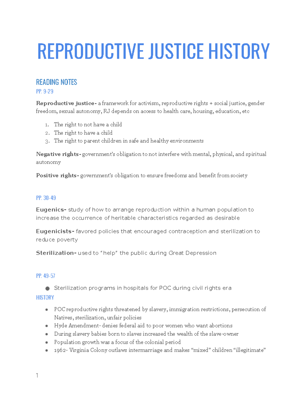 Reproductive Justice History Reading/Lecture Notes - REPRODUCTIVE ...