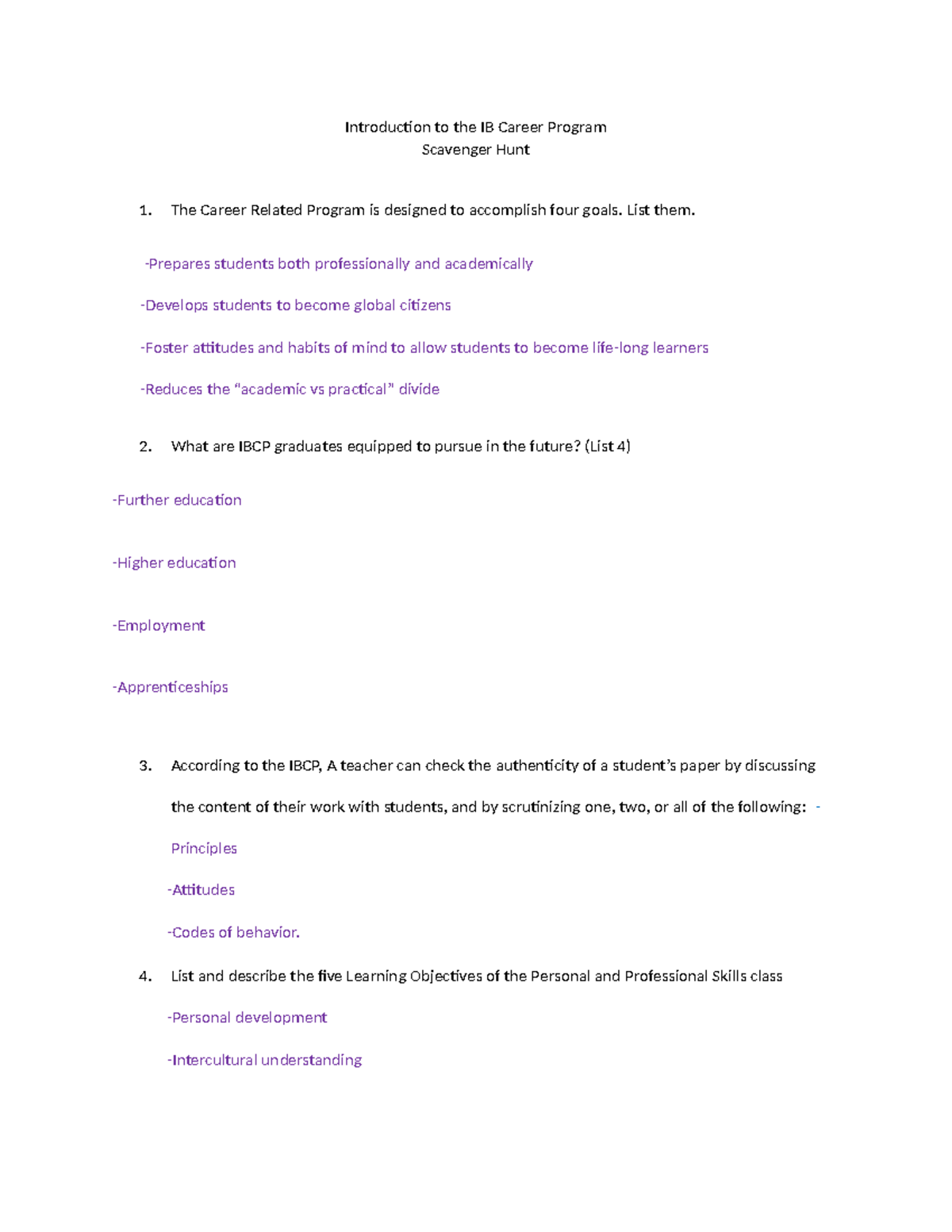 Introduction to the IB Career Program Scavenger Hunt - Blank ...