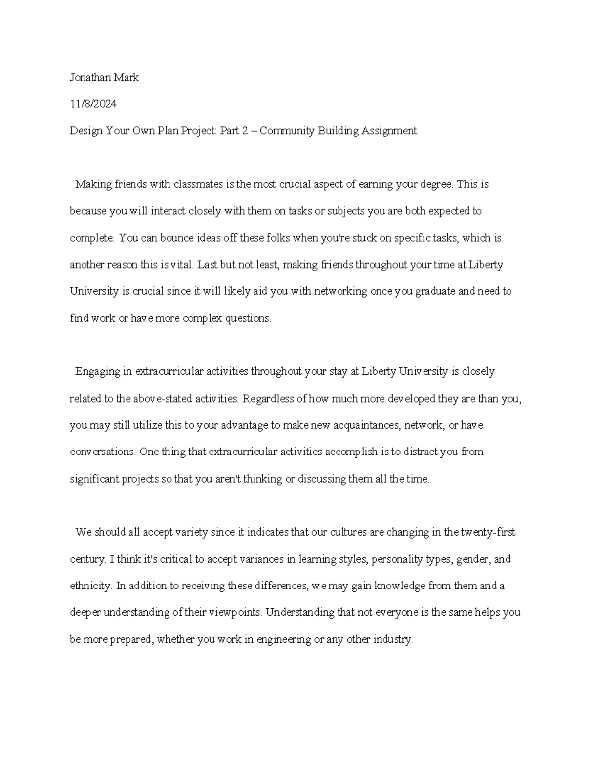 Design Your Own Plan Project- Part 2 – Community Building Assignment ...