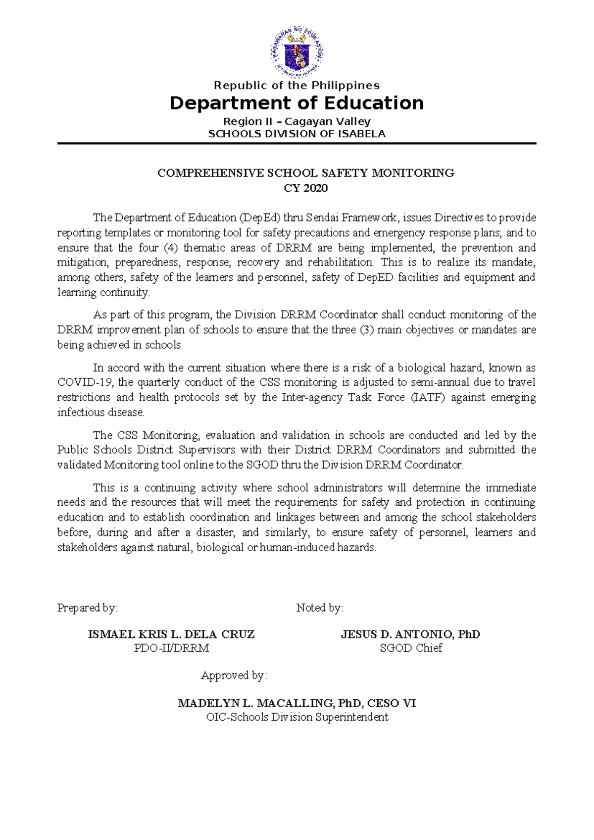 Comprehensive School Safety Monitoring - Republic of the Philippines ...