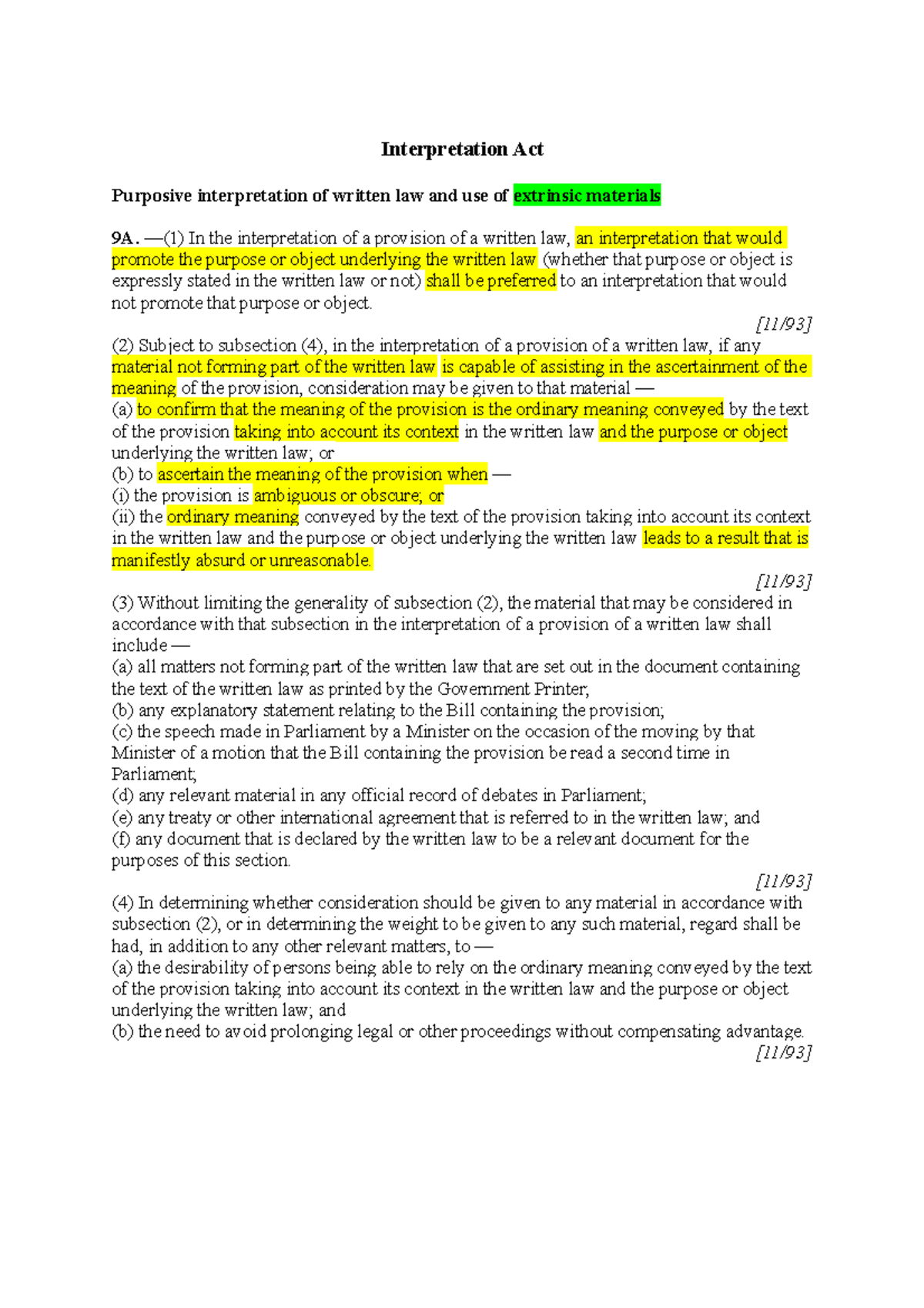 Interpretation Act Section 9A Interpretation Act Purposive
