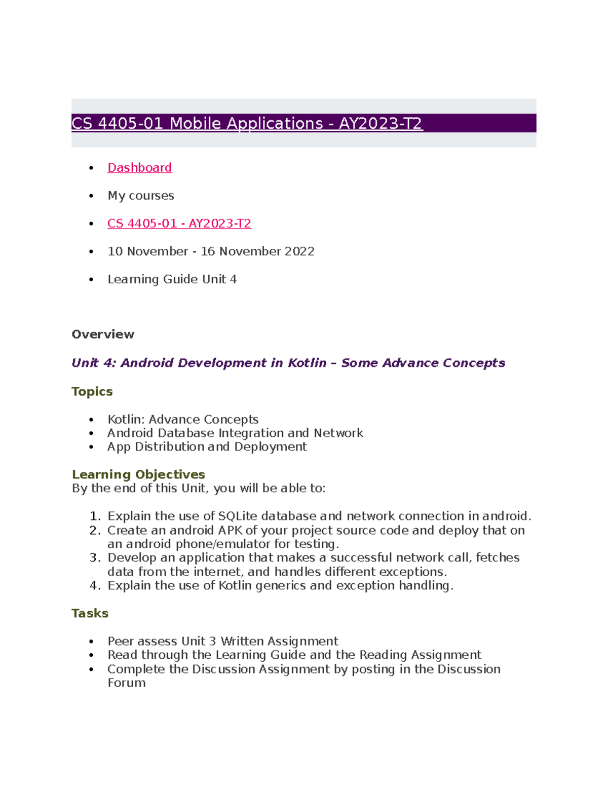 Learning Guide Unit 4- cs 4405 - CS 4405-01 Mobile Applications - AY2023-T Dashboard My - Studocu