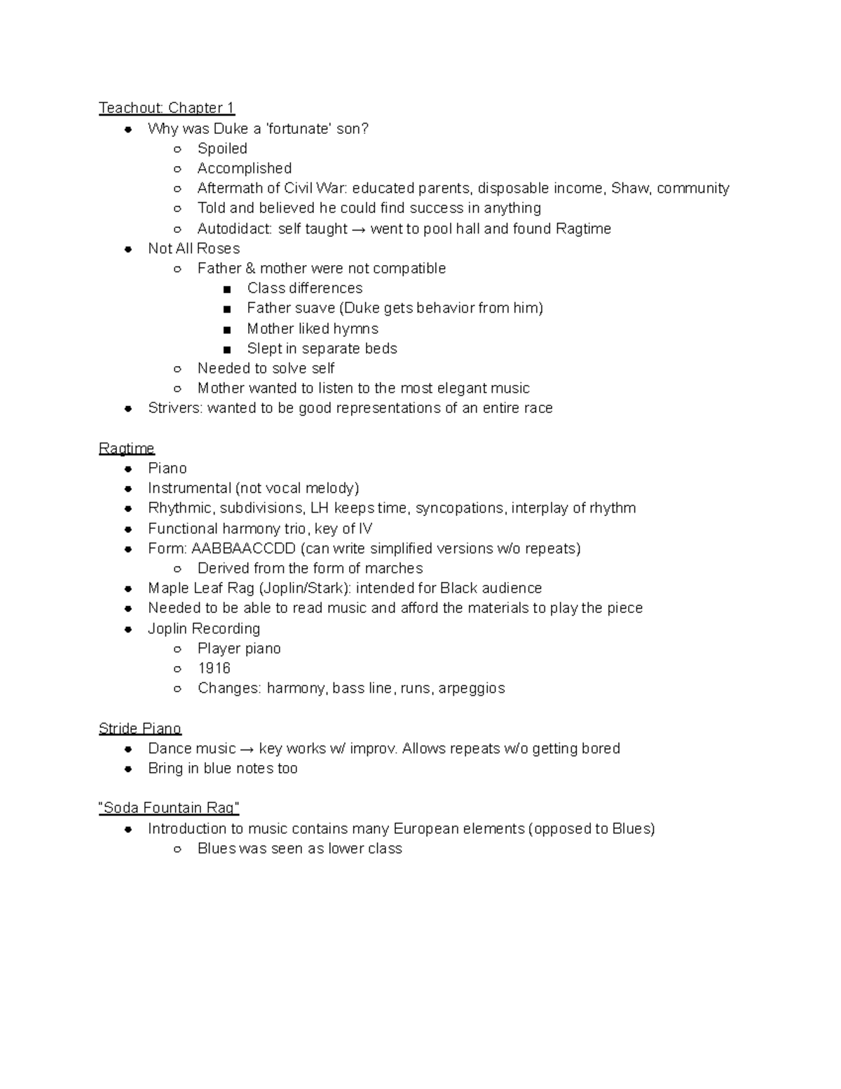 Ragtime - Teachout: Chapter 1 Why was Duke a ‘fortunate’ son? Spoiled Accomplished Aftermath ...