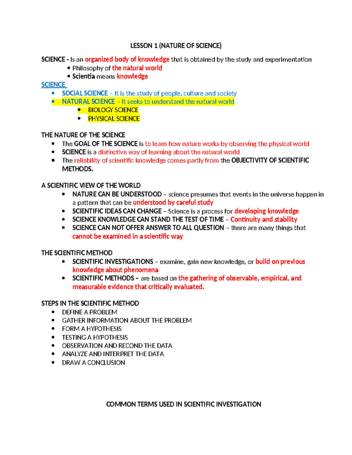 Lesson 1 environmental science - LESSON 1 (NATURE OF SCIENCE) SCIENCE ...