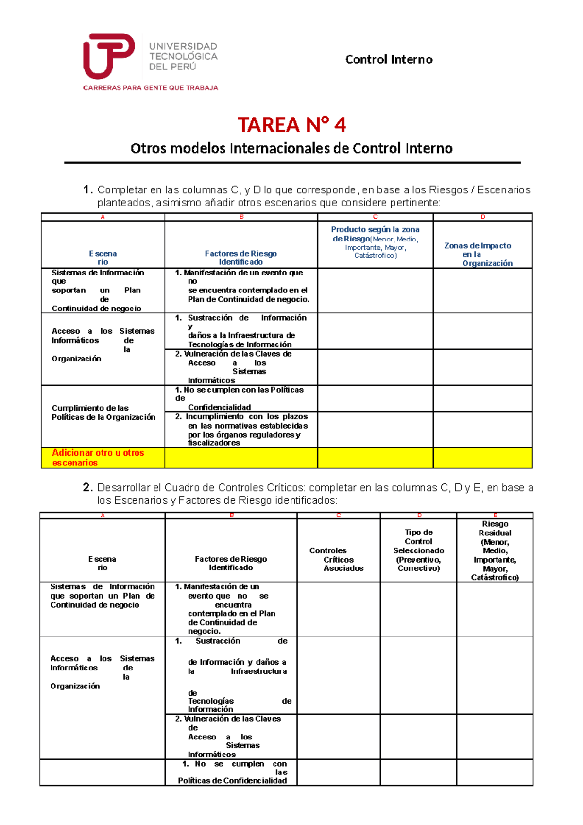 U5 S8 PA 4 - Tarea 4 - Control Interno TAREA N° 4 Otros modelos ...
