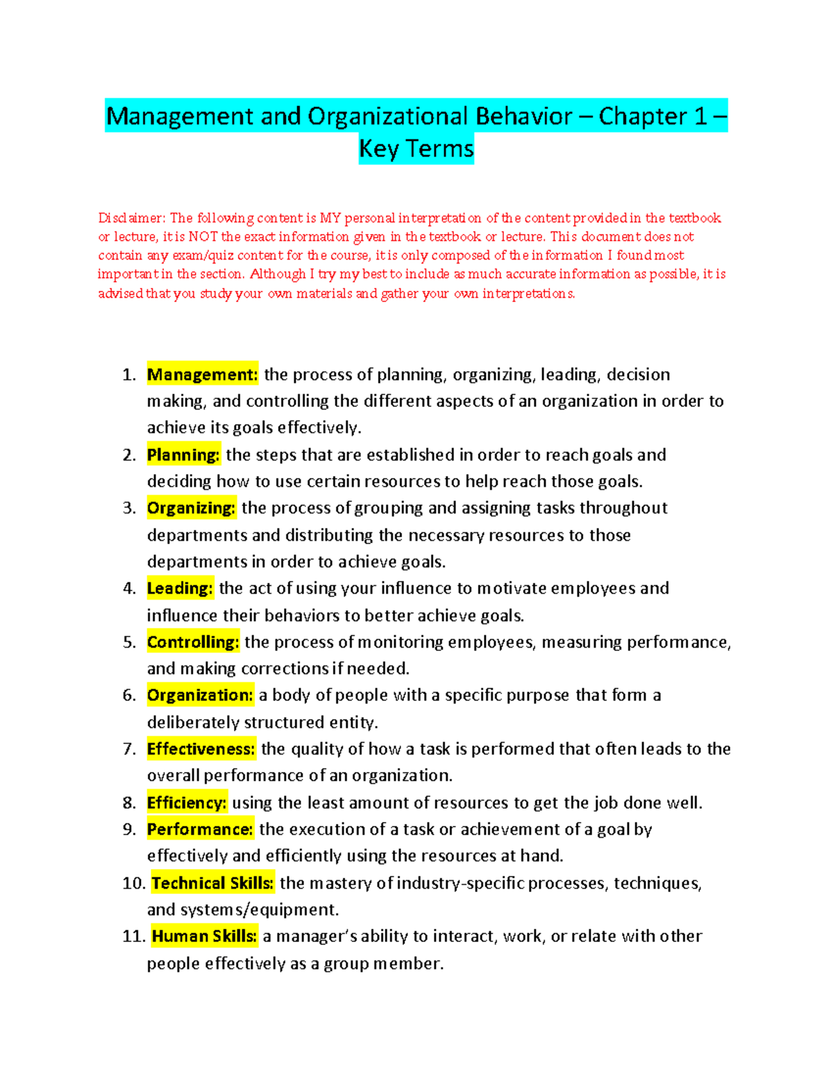 Management & Organizational Behavior - Chapter 1 - Key Terms ...