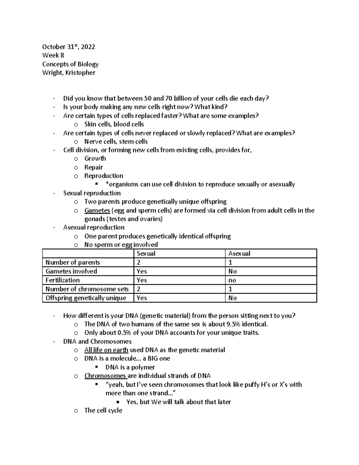 10-31-22 Bio notes - Professor Kristopher Wright, week 9. - October ...