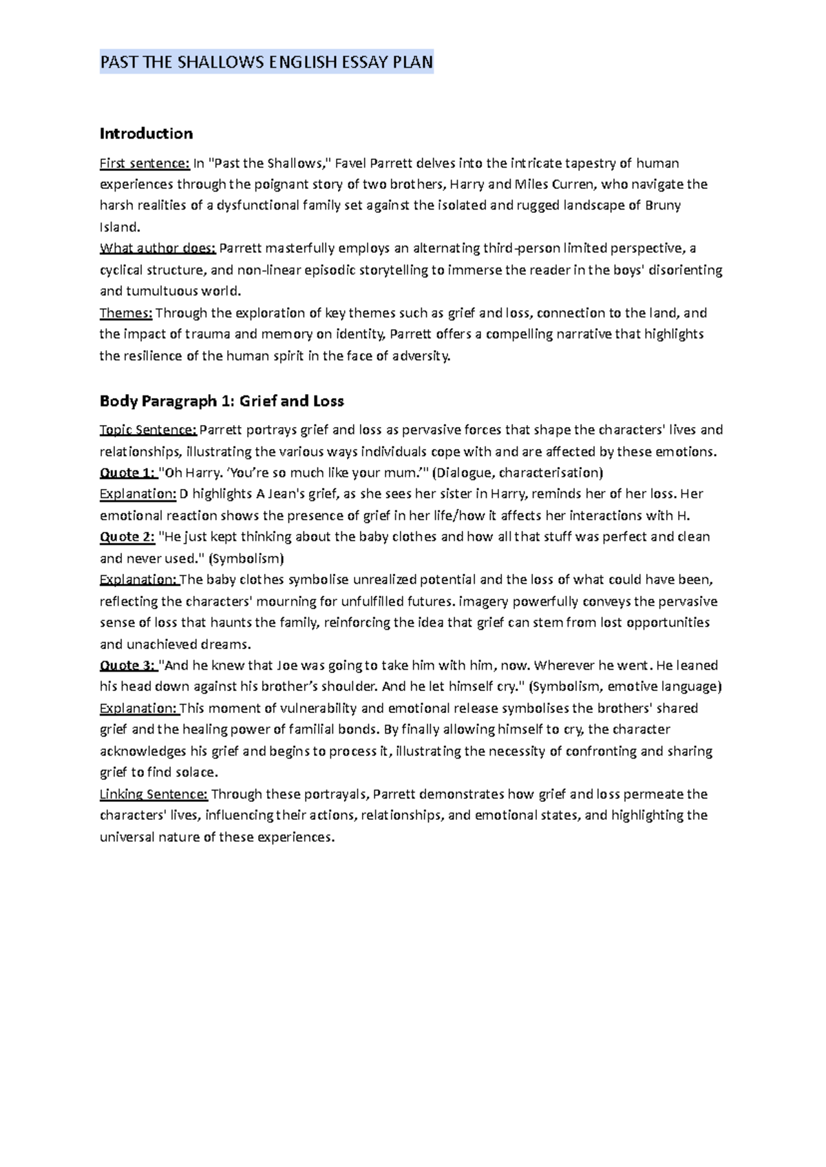 Past the shallows essay plan - PAST THE SHALLOWS ENGLISH ESSAY PLAN ...